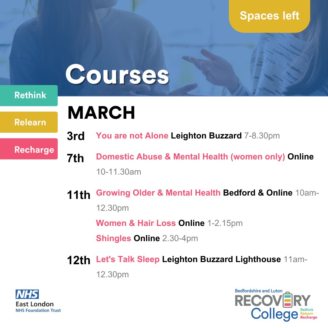 Bedfordshire and Luton Recovery College March courses - Healthwatch ...